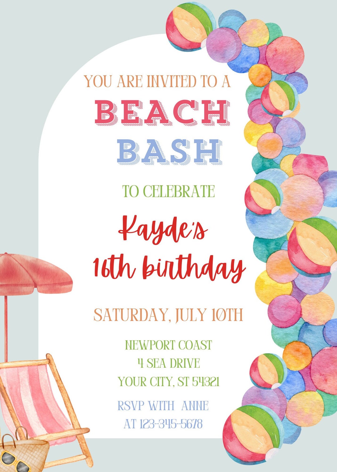 Invitation, Birthday, Beach Bash, Beach Balls, PNG, Template, Editable ...