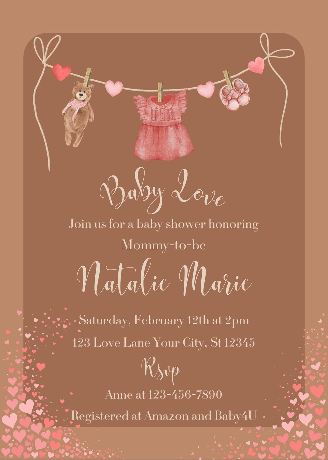 Invitation, Baby Love, Baby Shower, Tan, Brown, Red, Pink, Hearts, PNG ...