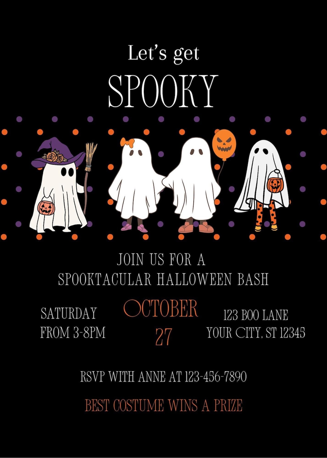 Invitation, Halloween Bash, Kid Costume Party, Ghosts, Black, Orange ...