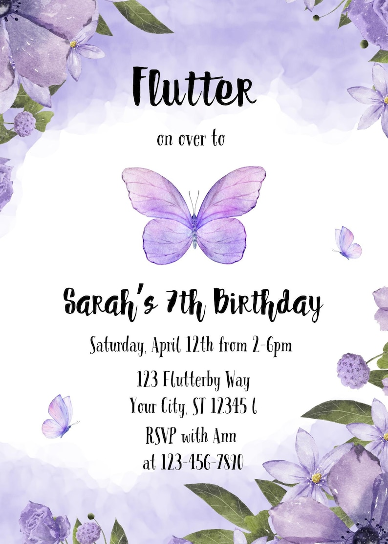 Invitation, Birthday, Butterflies, Flowers, Purple, PNG, Template ...