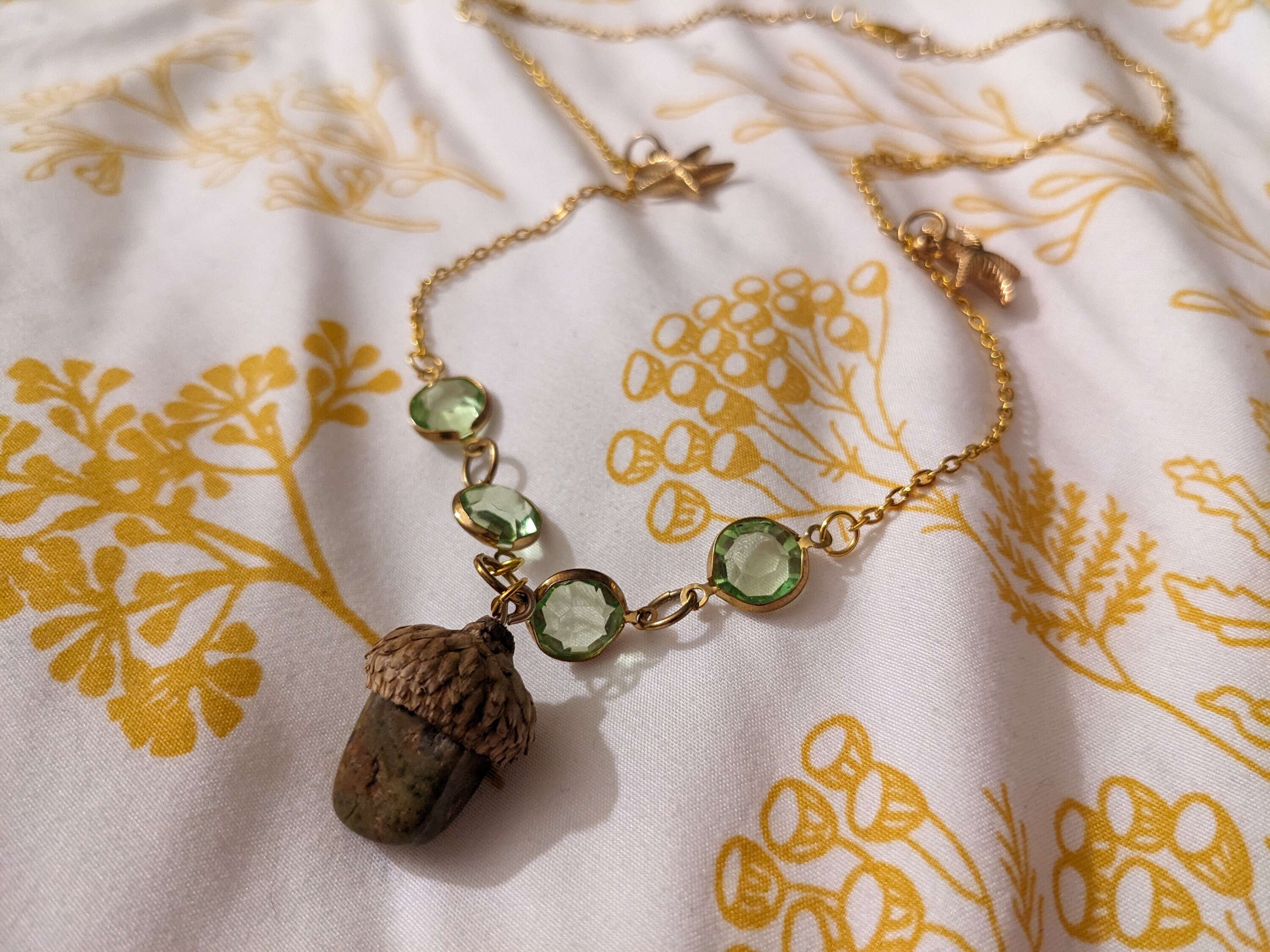 Acorn Gemstone Necklace, Unakite Crystal Pendant on Gold Chain, Fairy ...