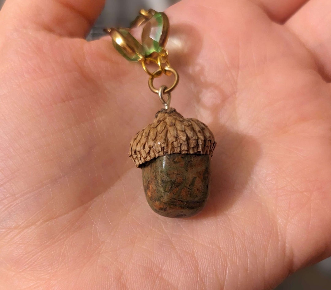 Acorn Gemstone Necklace, Unakite Crystal Pendant on Gold Chain, Fairy ...