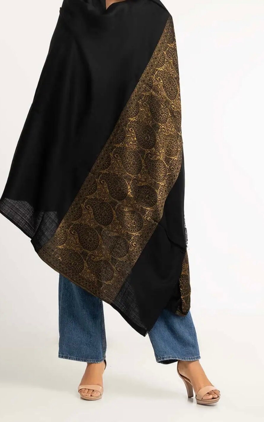 EID Gift Black Blended Wool Shawl With Black Zari/ Indian Shawl ...