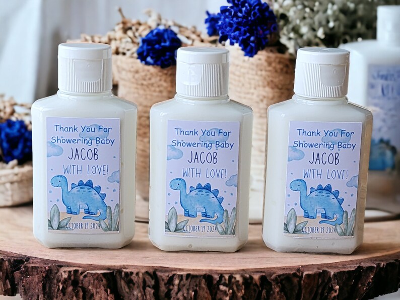 Mini Lotion Baby Shower Favor, Personalized Party Favor, Blue Dinosaur ...