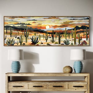 Boho Desert Sunset - Panoramic Cactus Landscape Print, Colorful Boho ...