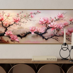 Elegant Pink Magnolia Panorama - Relaxing Narrow Wall Art Above Bed ...