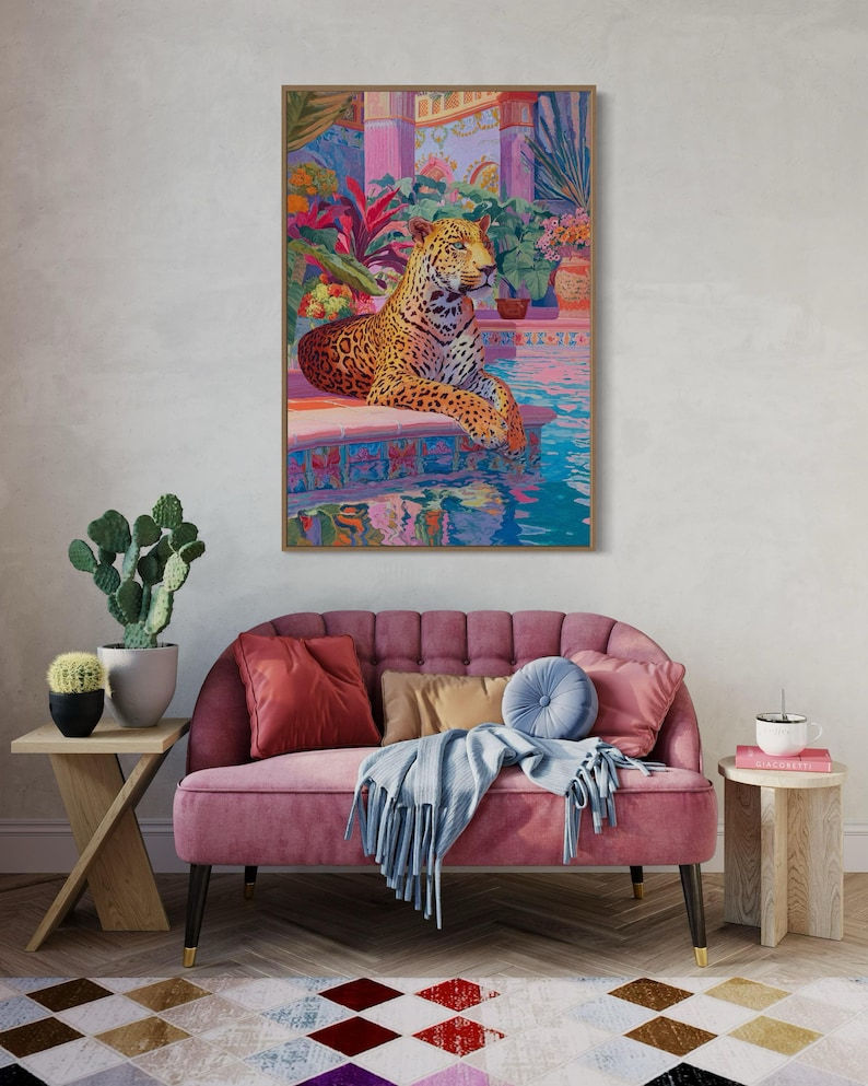 Tropical Jaguar Poolside Art Print – Vibrant Exotic Cat Wall Art ...