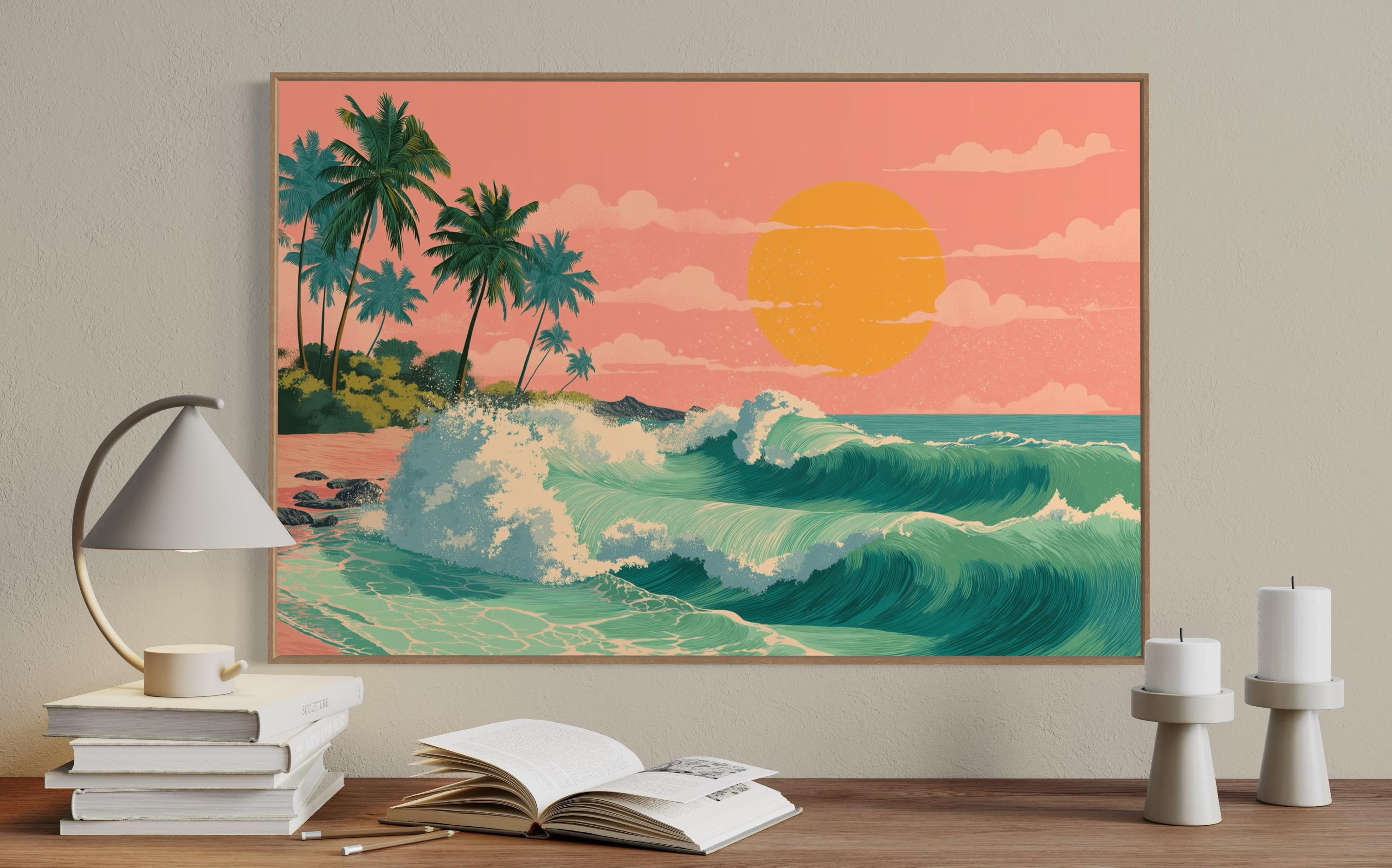 Retro Tropical Beach Wall Art - Palm Tree Sunset Print, Vibrant Coastal ...
