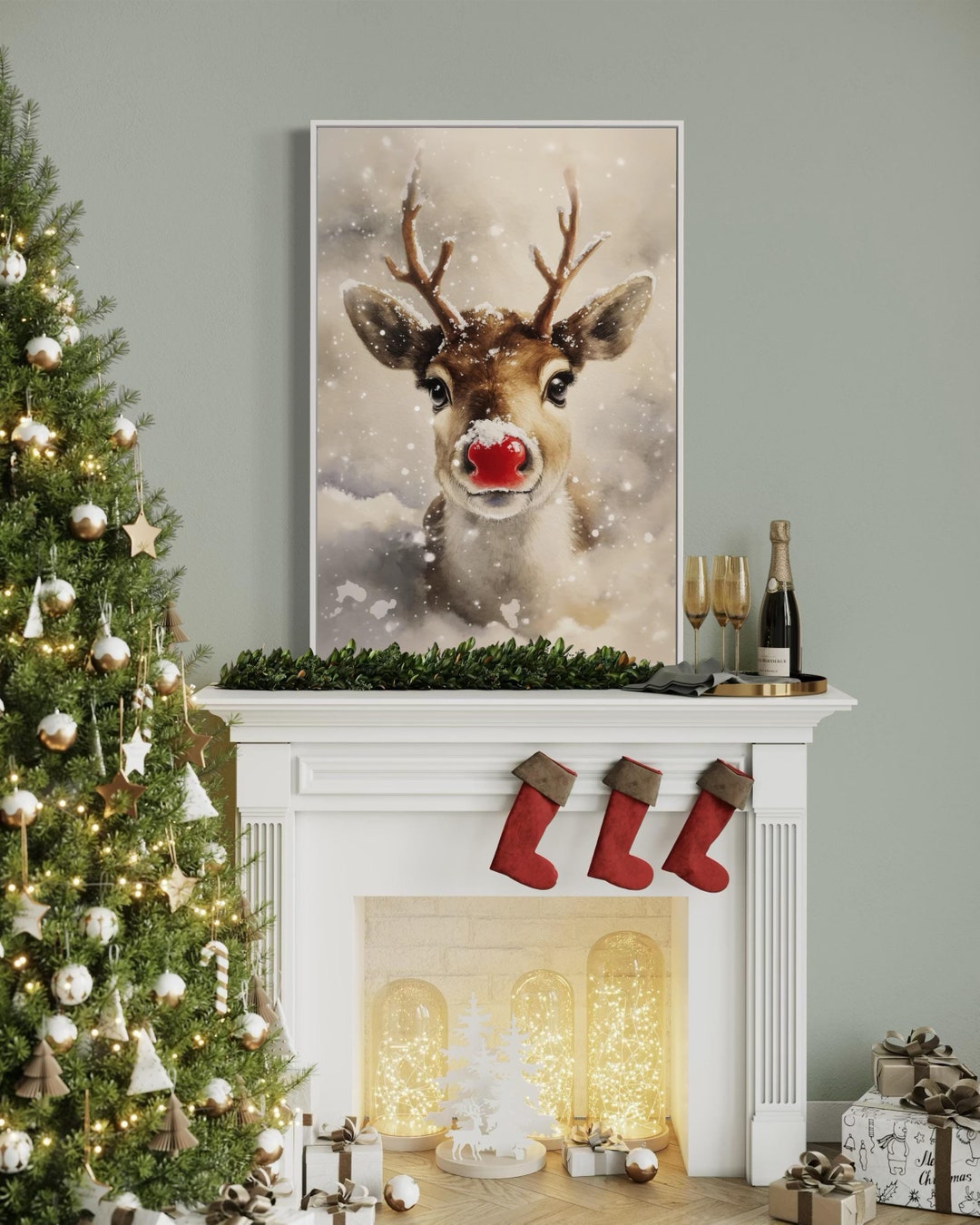 Rudolph Reindeer Wall Art – Cozy Holiday Canvas Print, Snowy Winter ...