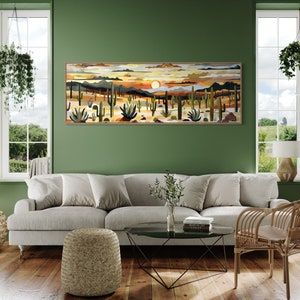 Boho Desert Sunset - Panoramic Cactus Landscape Print, Colorful Boho ...