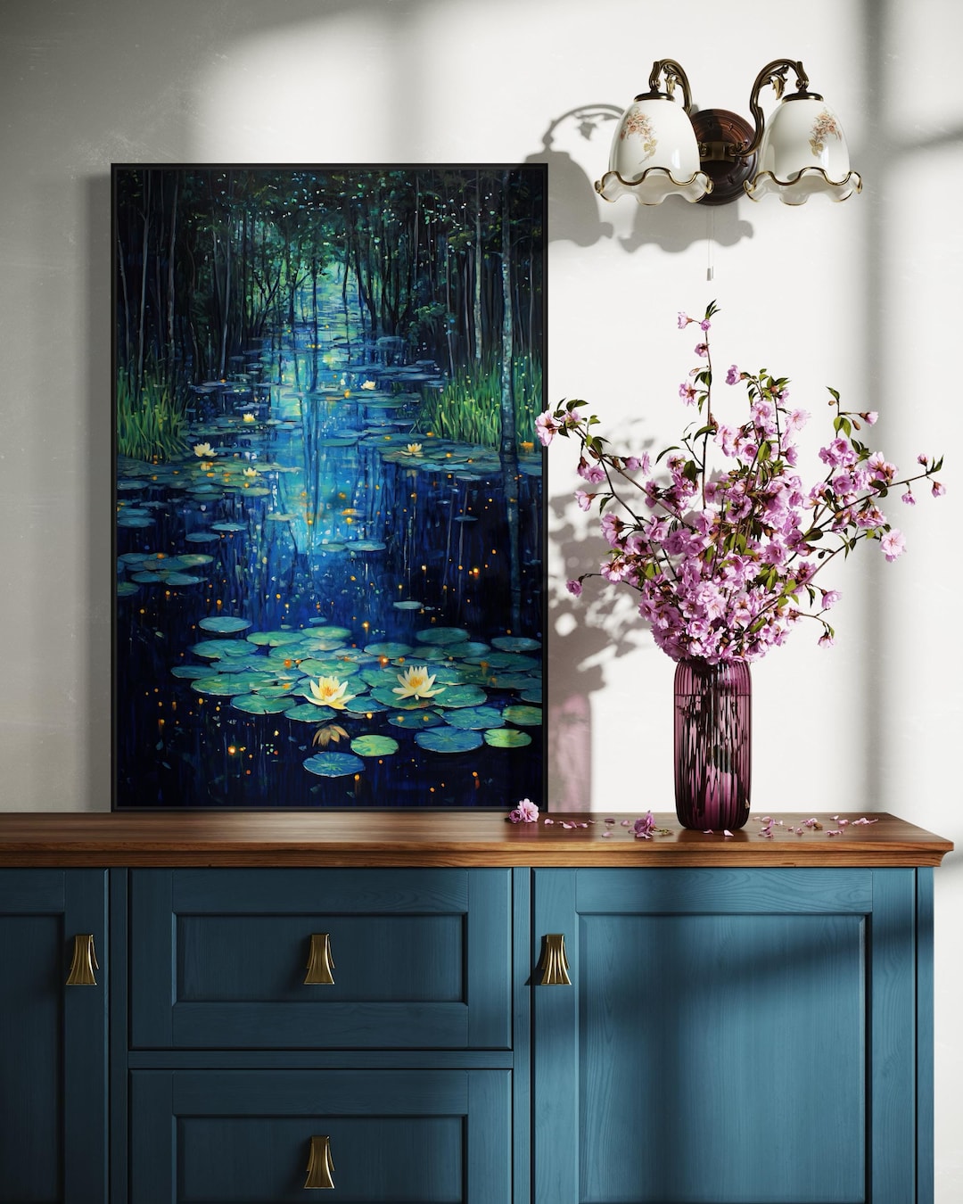 Magical Moonlit Pond Wall Art - Tranquil Forest Canvas Print With Water ...