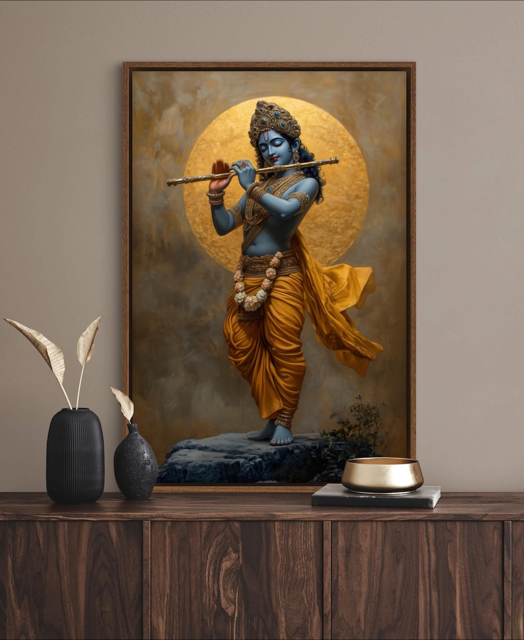 Meditative Lord Krishna With Flute - Spiritual Poster of Hindu God for ...