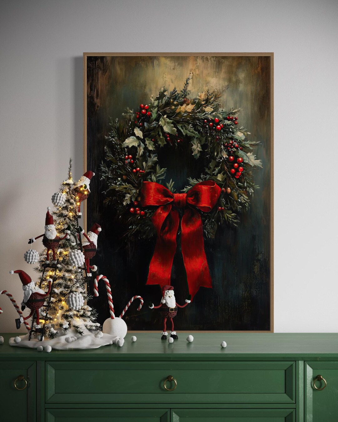 Vintage Christmas Wreath Canvas - Festive Holiday Art With Red Ribbon ...