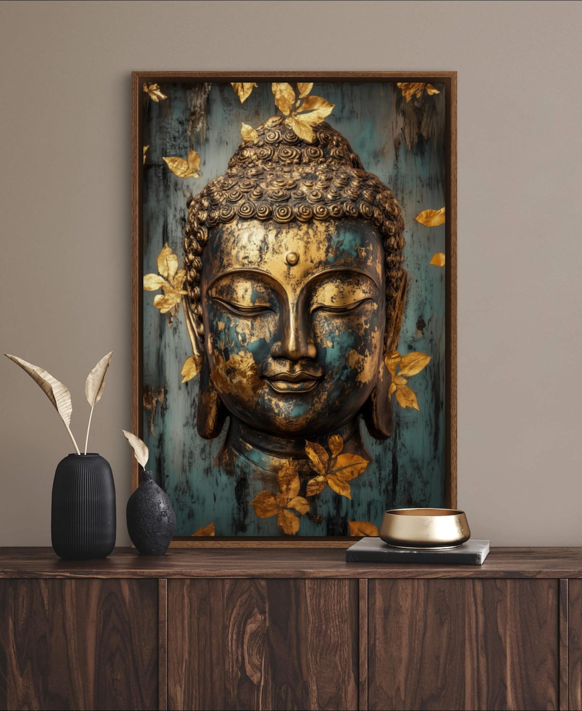 Gold Buddha Among Fall Leaves - Buddha Wall Art for Yoga Studio Decor ...