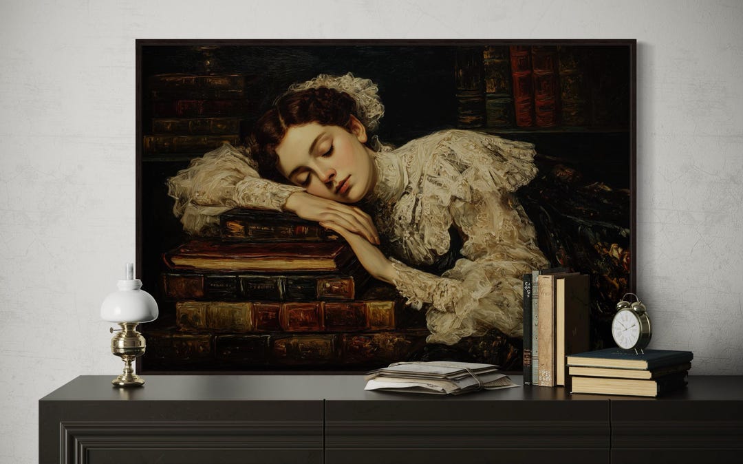 Victorian Woman Sleeping on Books Print – Romantic Vintage Wall Art ...
