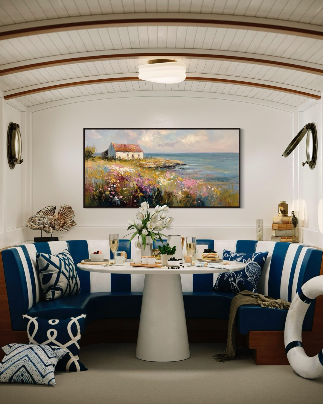 Seaside Cottage Wall Art – Coastal Wildflower Field Print, Rustic Ocean ...