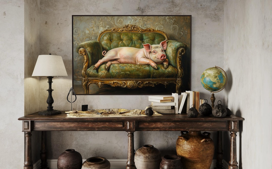 Whimsical Pig Art - Vintage Sofa Canvas, Rustic Farmhouse Decor ...
