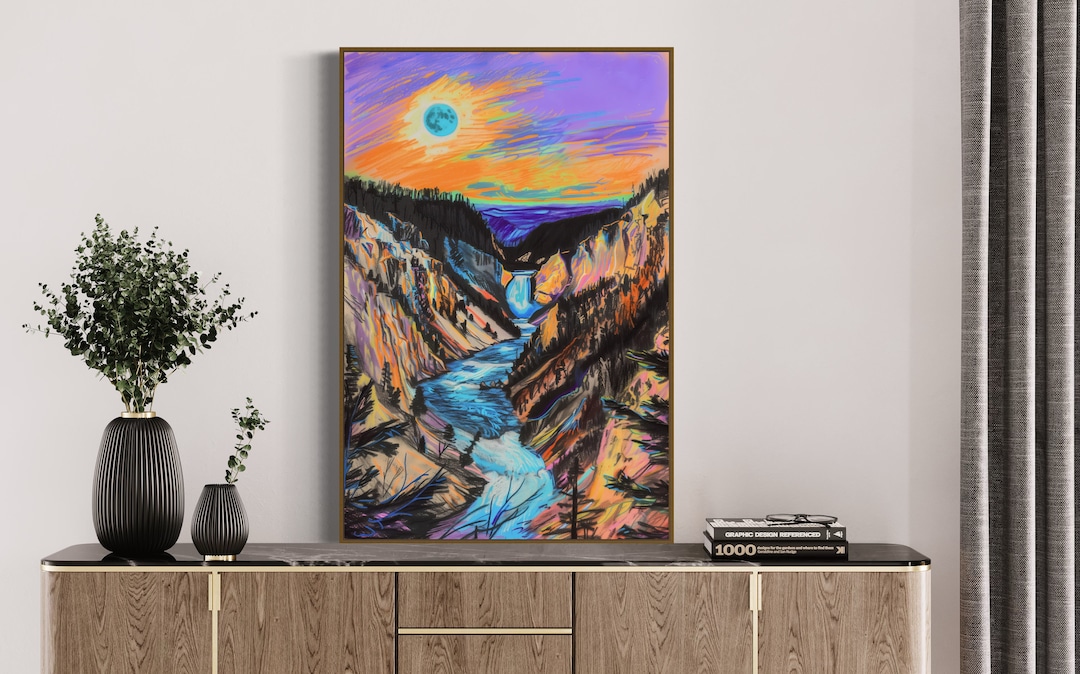 Psychedelic Yellowstone Art - Surrealist Mountain Scene With Waterfall ...