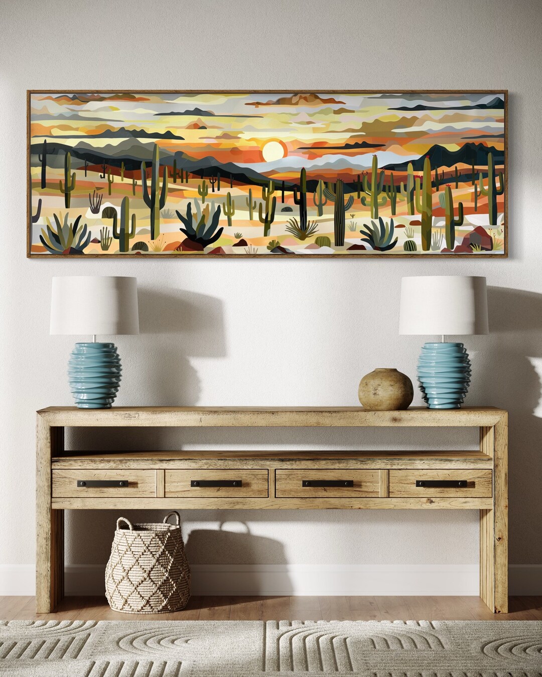 Boho Desert Sunset - Panoramic Cactus Landscape Print, Colorful Boho ...