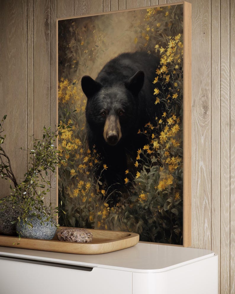 Black Bear in Wildflowers Art Print - Rustic Woodland Animal Wall Art ...