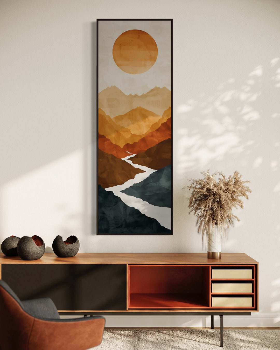 Boho River Journey - Relaxing Narrow Wall Art With Geometric Mountains ...