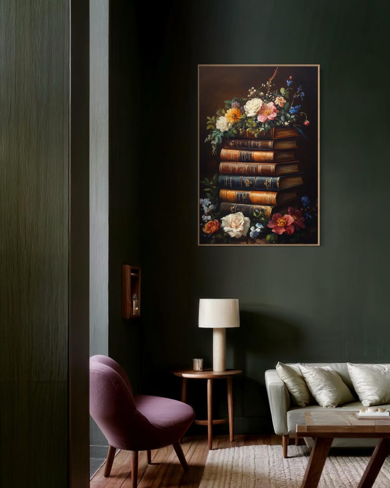 Vintage Books and Floral Bouquet Art Print – Romantic Library Wall ...