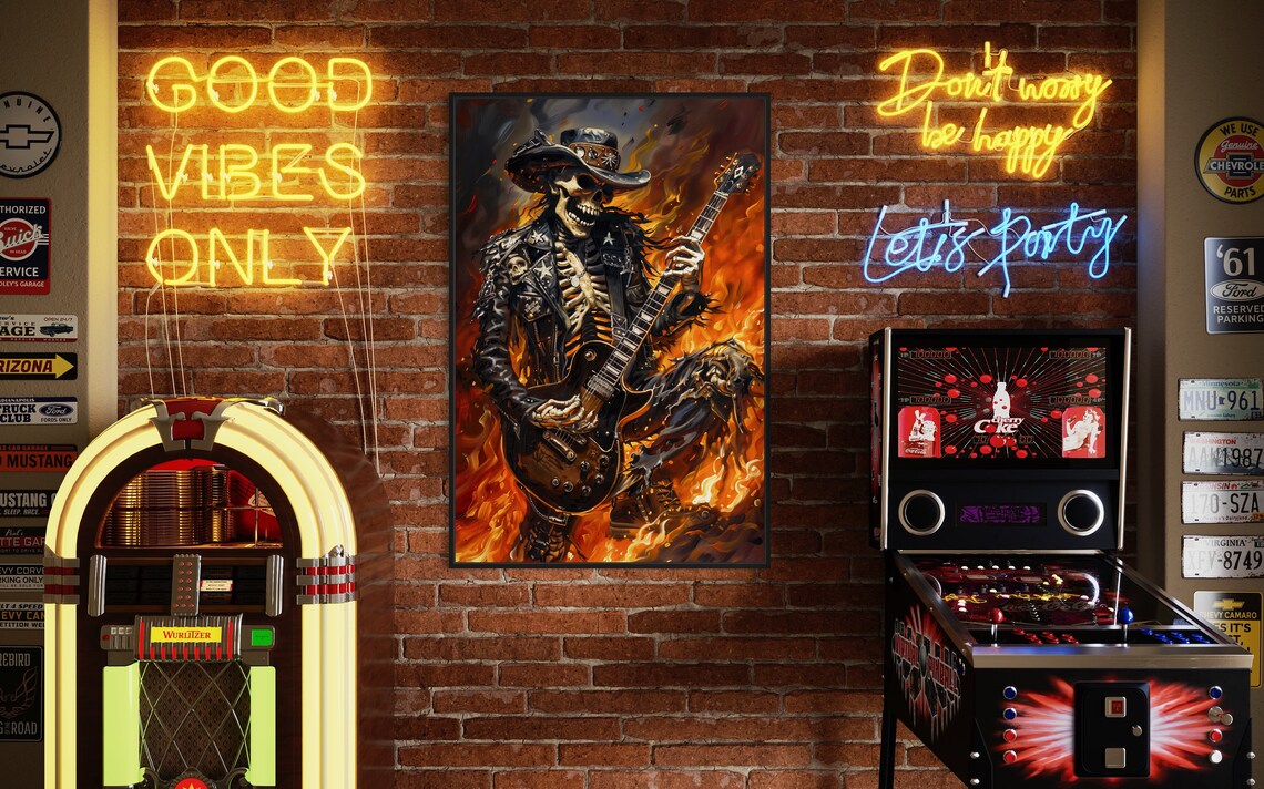 Rock Legend Skeleton Guitarist Painting, Gothic Rock N Roll Poster for ...