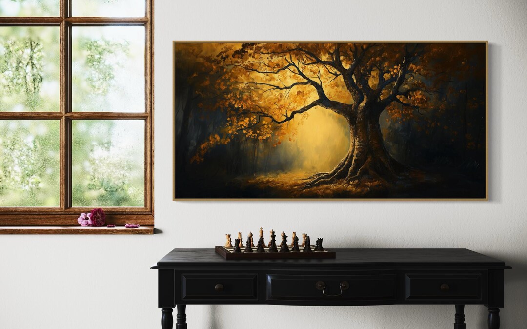 Ancient Tree Wall Art - Mystical Forest Canvas, Golden Leaves Print ...