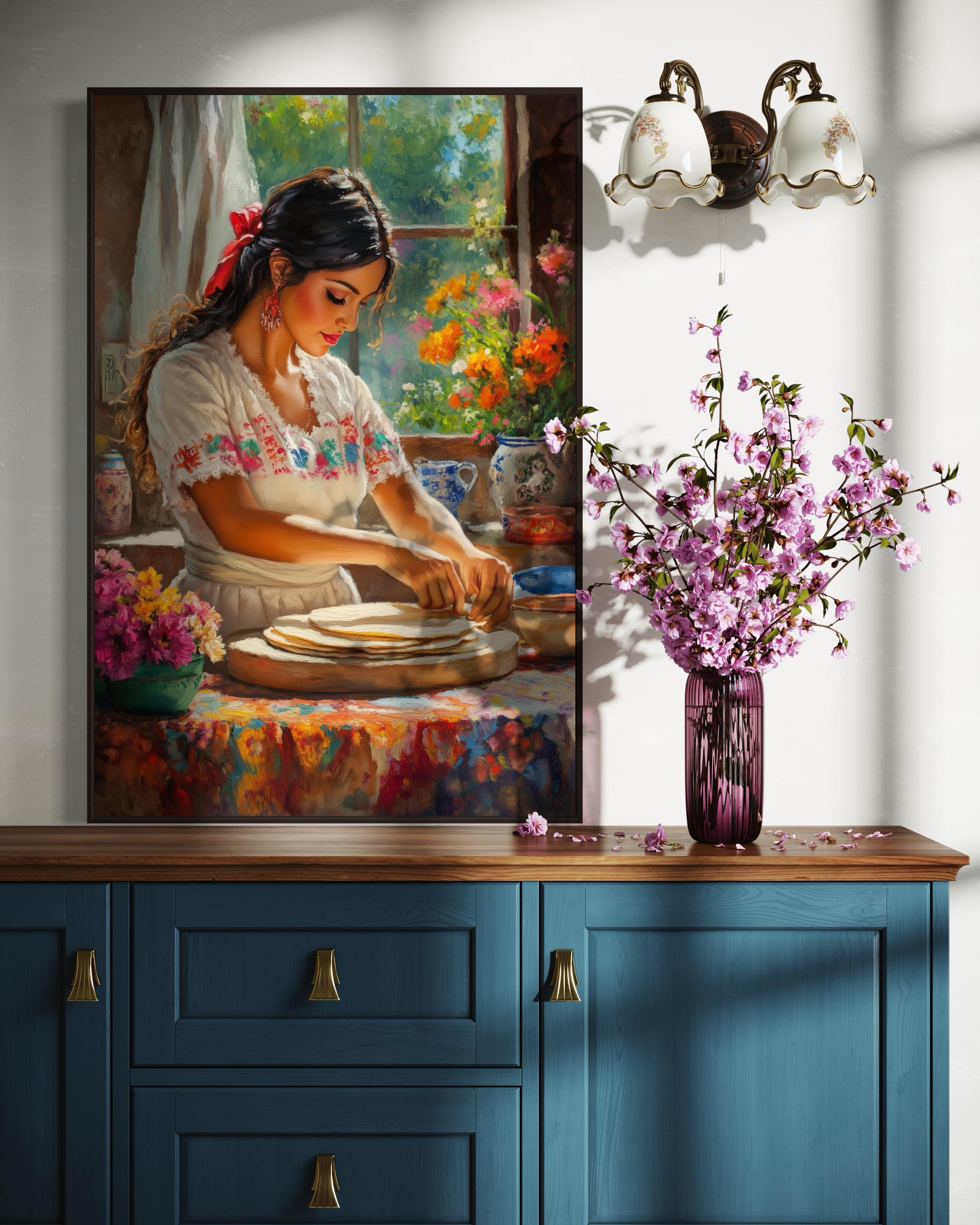 Mexican Kitchen Wall Art - Vibrant Tortilla-making Canvas Print, Rustic ...