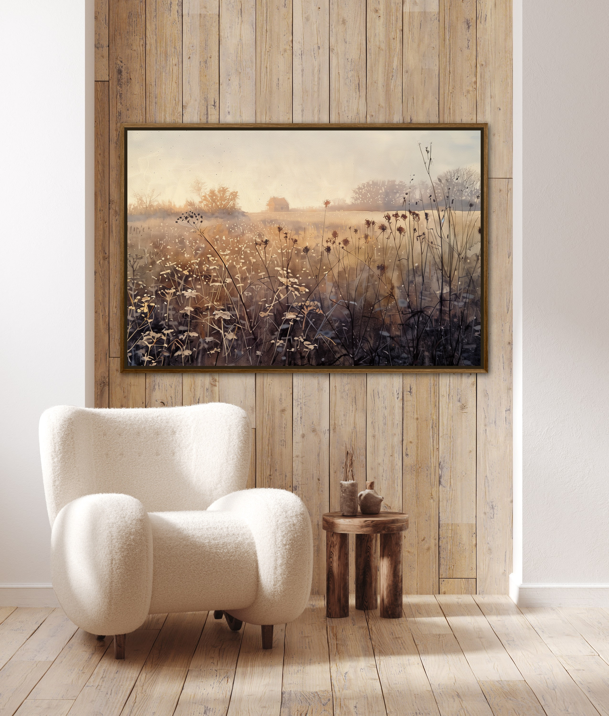 Wildflower Dawn Serenity: Neutral Tones Countryside Painting Print ...