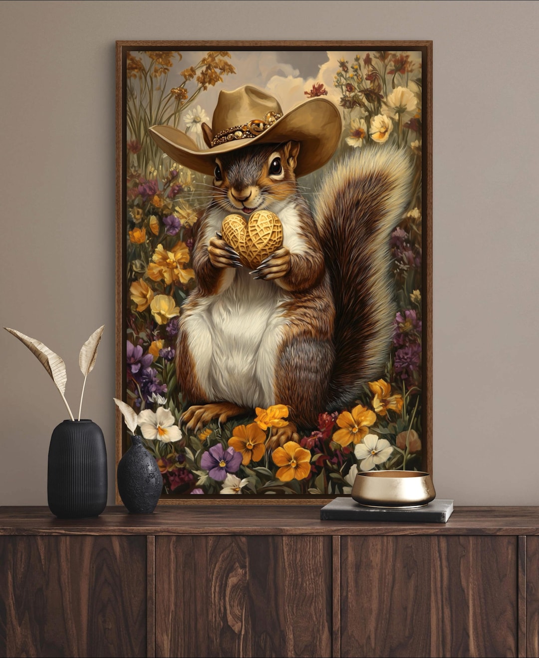 Cowboy Squirrel Wall Art – Whimsical Wildlife Print With Floral Charm, Cute Squirrel With Peanut ...