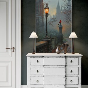 Gothic Cathedral and Red Cardinal Bird Art Print, Mystical Canvas Art ...