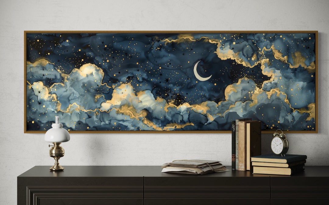 Starry Night Canvas - Vibrant Celestial Artwork With Crescent Moon, Panoramic Night Sky Print ...