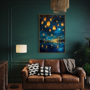 Magical Night Lantern Festival - Floating Lantern Painting Print With ...