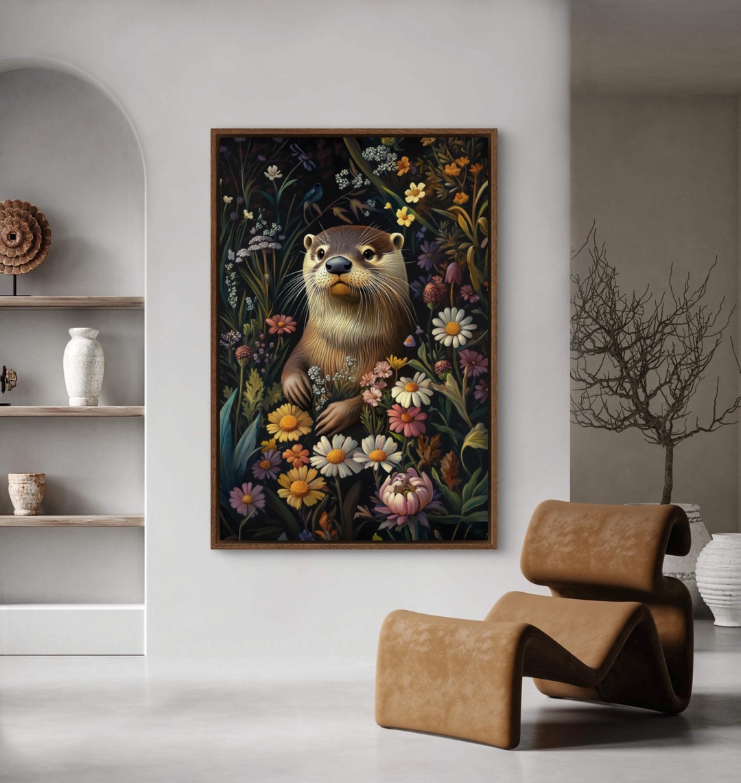Otter With Flowers – Whimsical Dark Floral Print, William Morris ...