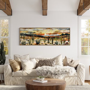 Boho Desert Sunset - Panoramic Cactus Landscape Print, Colorful Boho ...