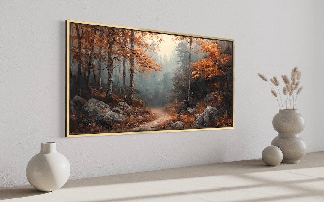 Moody Autumn Forest Wall Art Print With Woodland Path and Orange Leaves ...