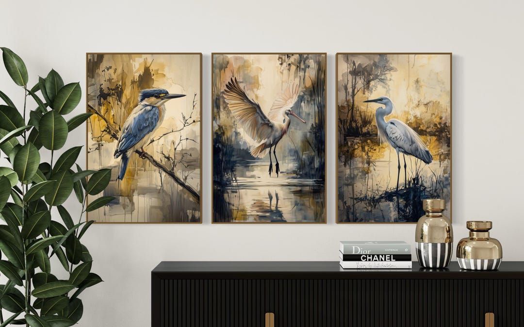 Coastal Bird Triptych Wall Art - Roseate Spoonbill, Kingfisher, Egret ...