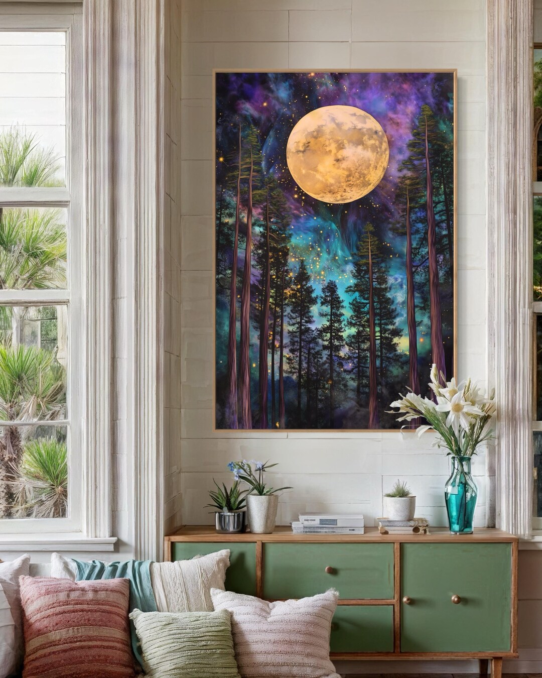 Enchanted Forest Wall Art - Mystical Full Moon Canvas With Celestial Trees, Atmospheric Night ...