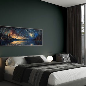 Starry Night Over the Lake: Vibrant Panoramic Wall Art Print, Narrow ...