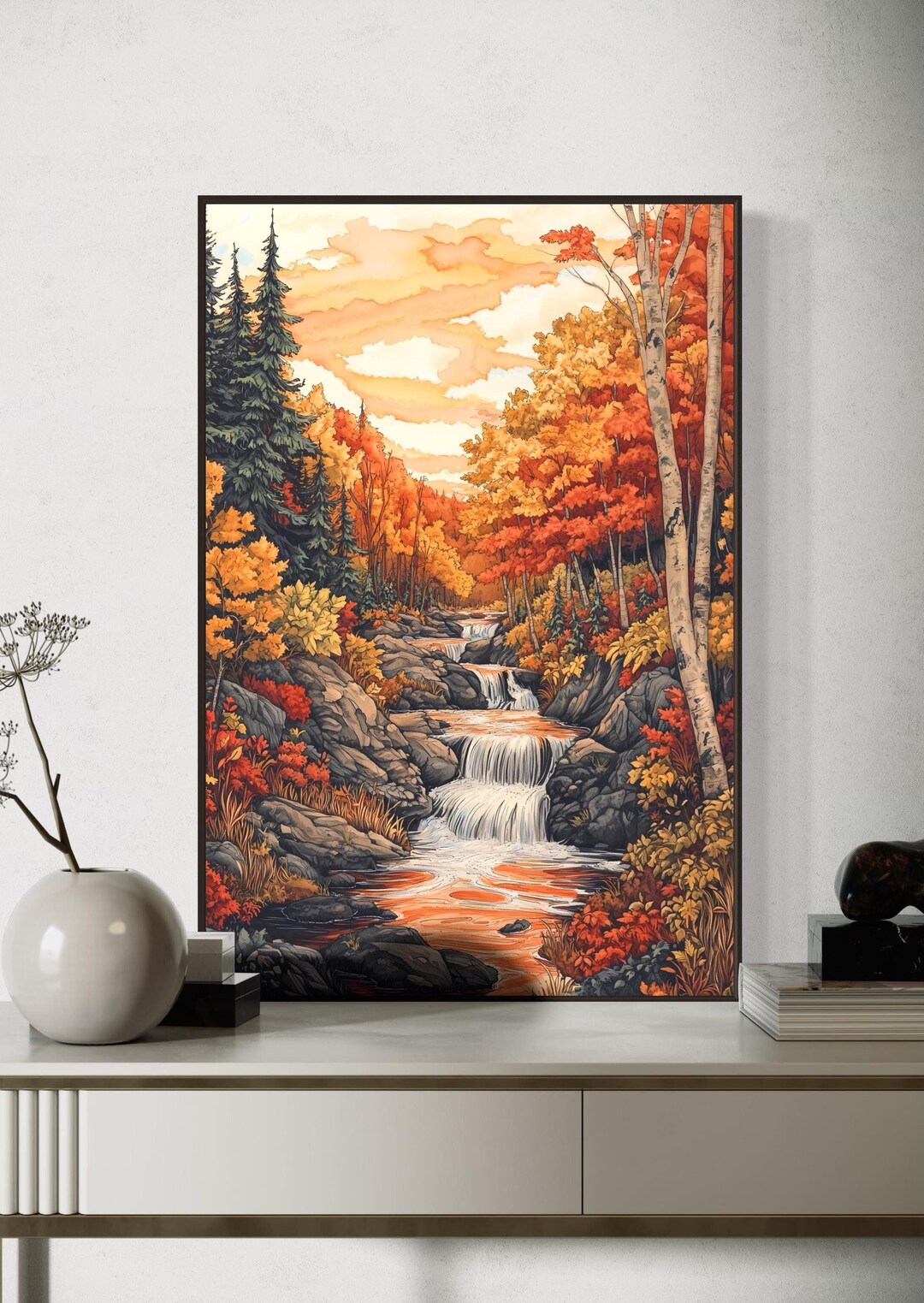 Autumn River Wall Art - Fall Foliage Canvas, Flowing Creek Print ...