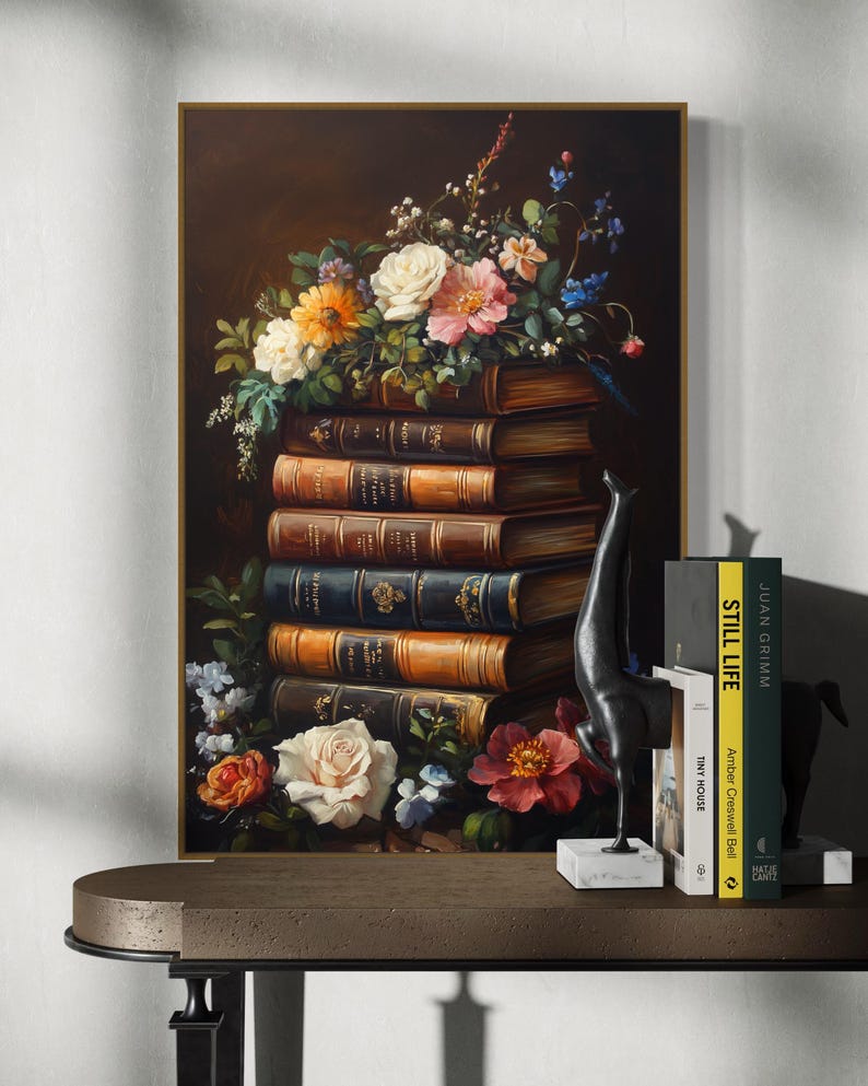 Vintage Books and Floral Bouquet Art Print – Romantic Library Wall ...