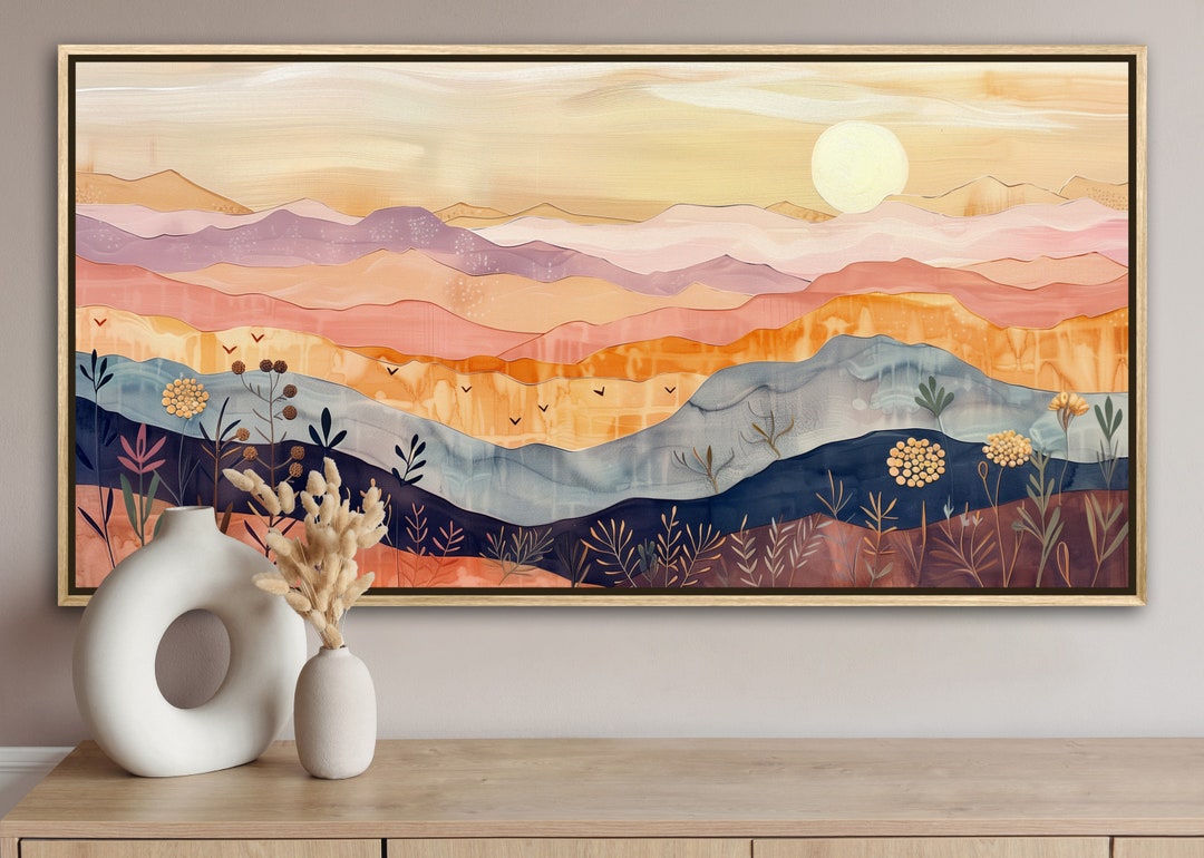 Boho Sunrise Mountain Print - Minimalist Rolling Hills Artwork for ...