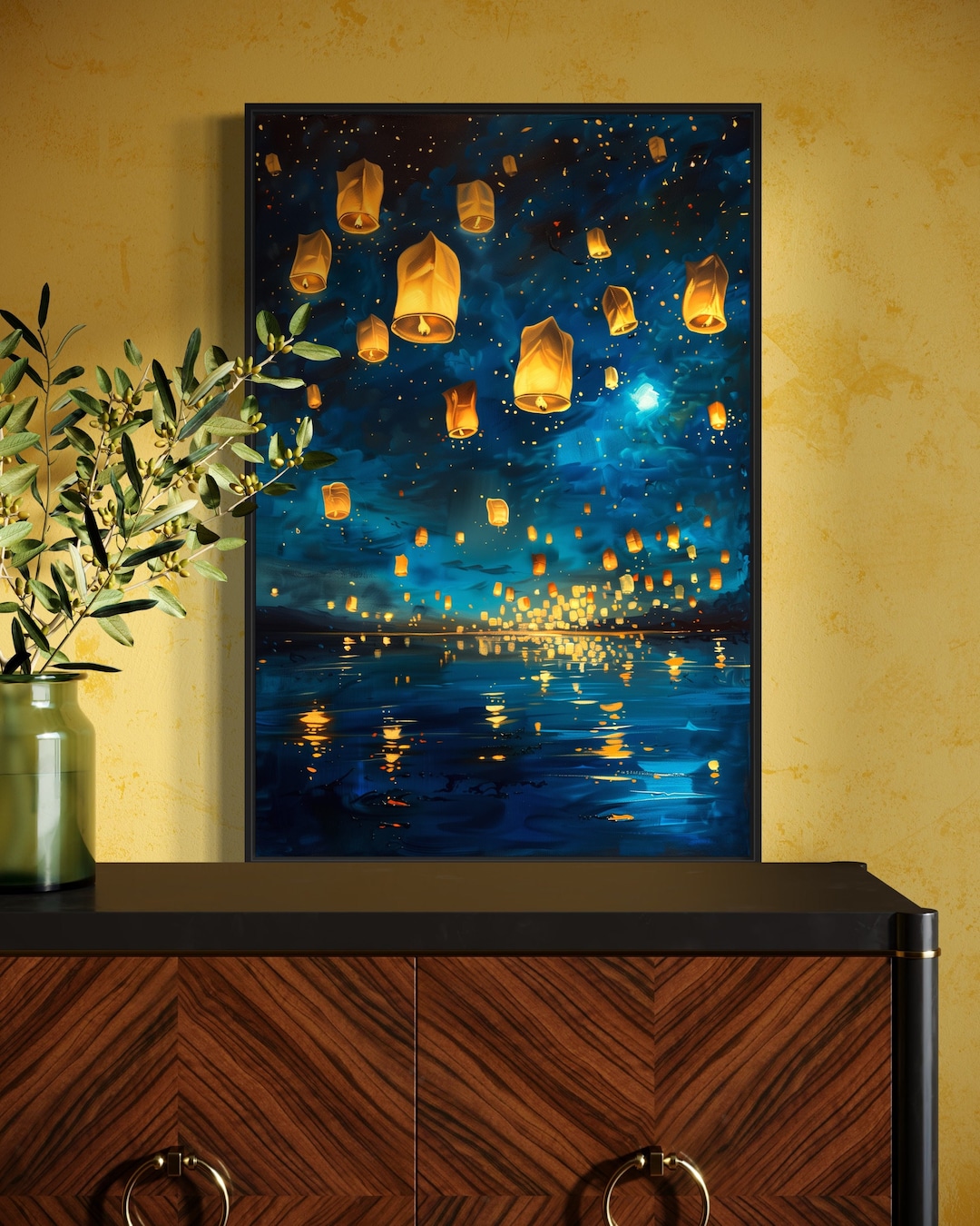 Magical Night Lantern Festival - Floating Lantern Painting Print With ...