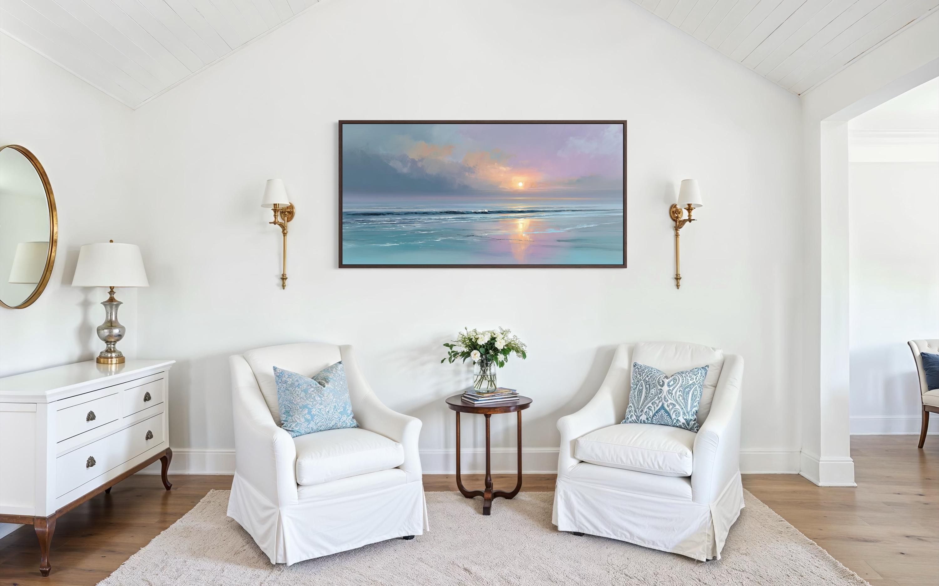 Beach Sunrise Art Print – Peaceful Ocean Wall Art, Teal and Pink ...