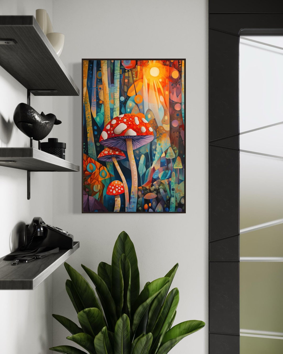 Abstract Forest Mushroom Canvas - Whimsical Abstract Print With Red ...