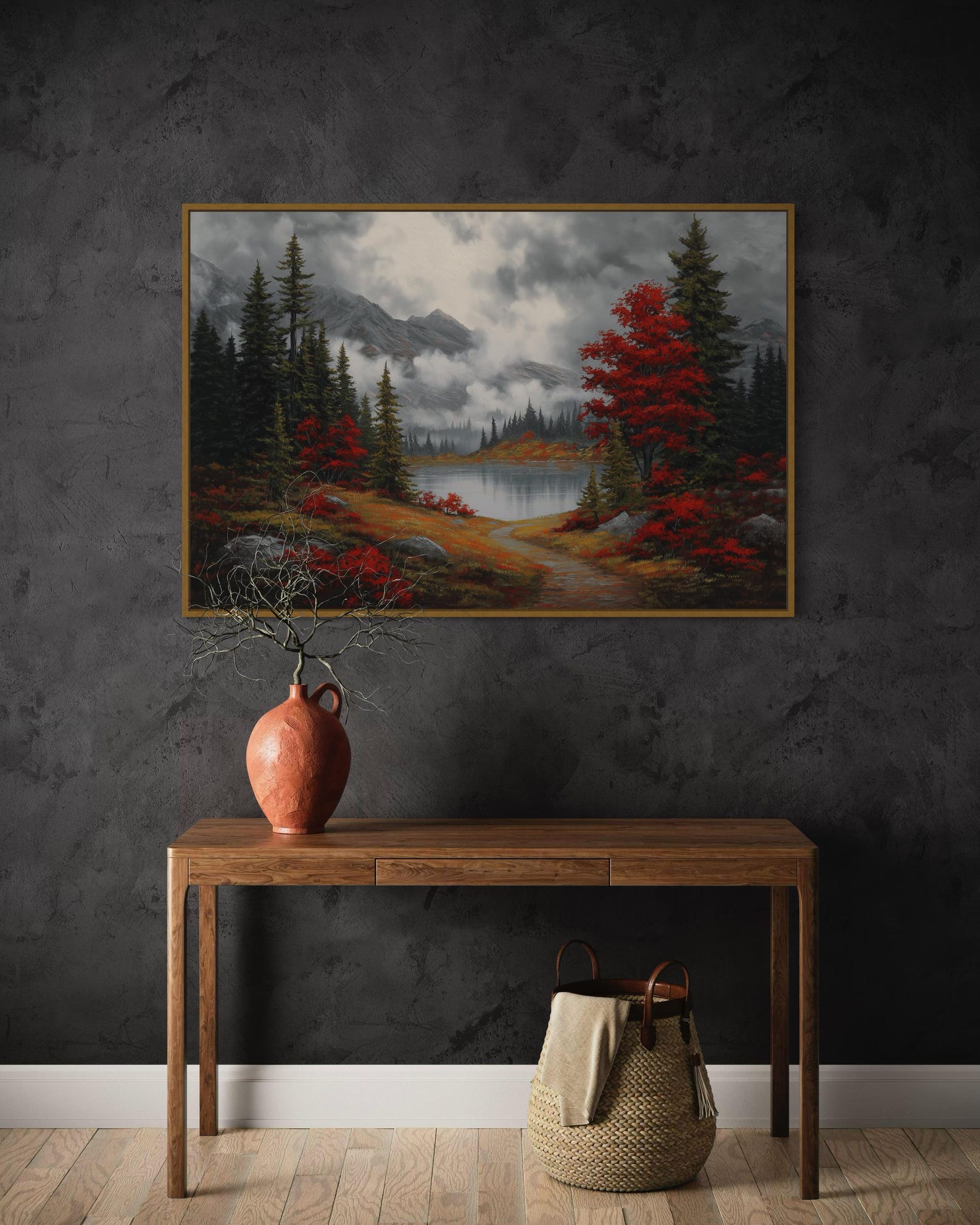 Autumn Mountain Lake Art Print – Moody Landscape Wall Art, Red Maple ...
