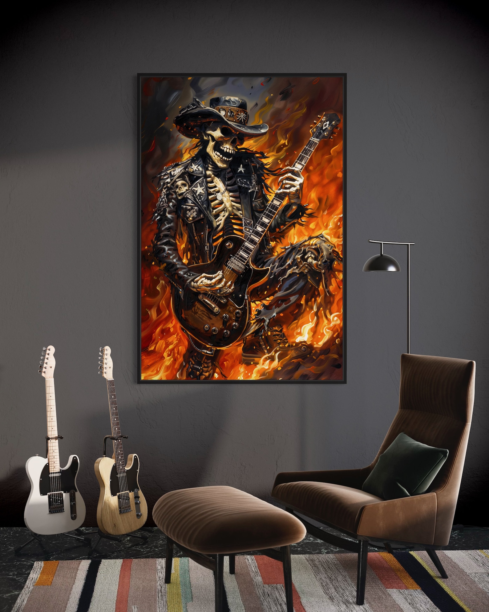 Rock Legend Skeleton Guitarist Painting, Gothic Rock N Roll Poster for ...