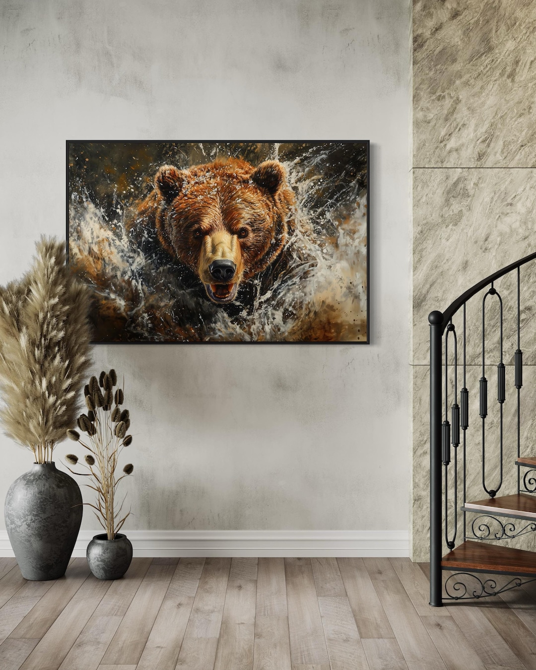 Majestic Brown Bear Art - Rustic Brown Bear Painting Print for Woodland ...