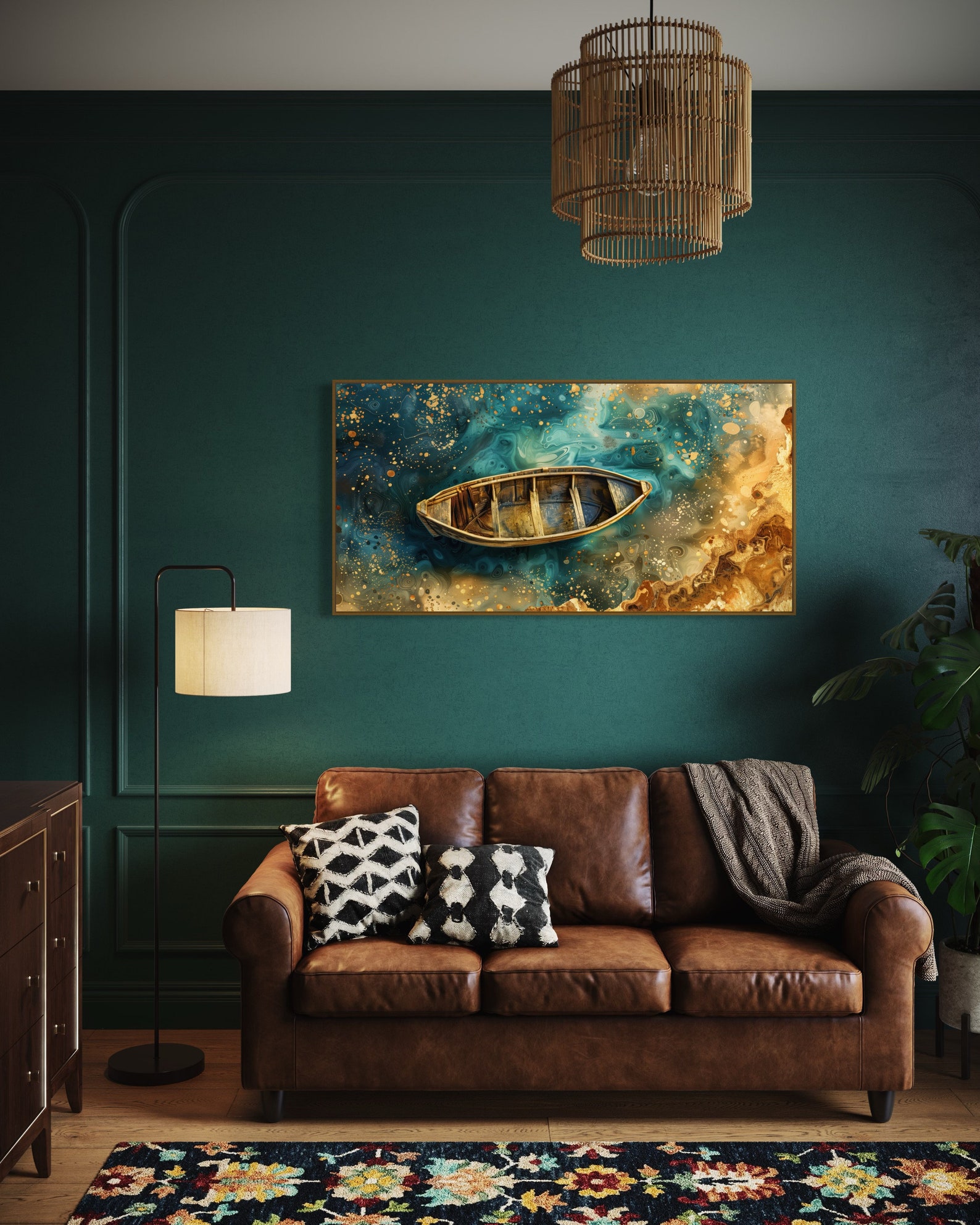Rustic Charm Rowboat - Panoramic Rustic Coastal Decor, Turquoise ...